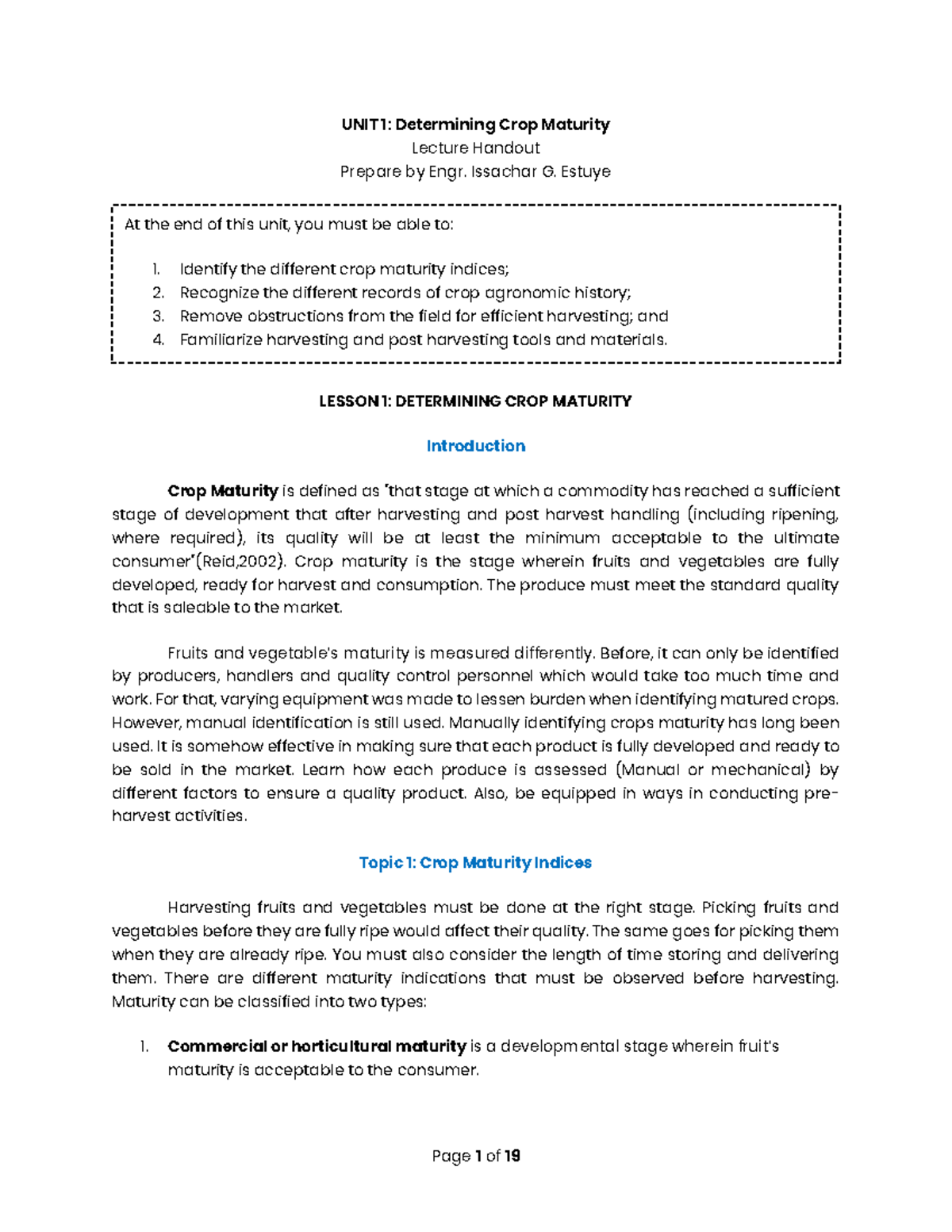 UNIT 1: Crop Maturity Determination Lecture Handout Lesson 1 - Studocu
