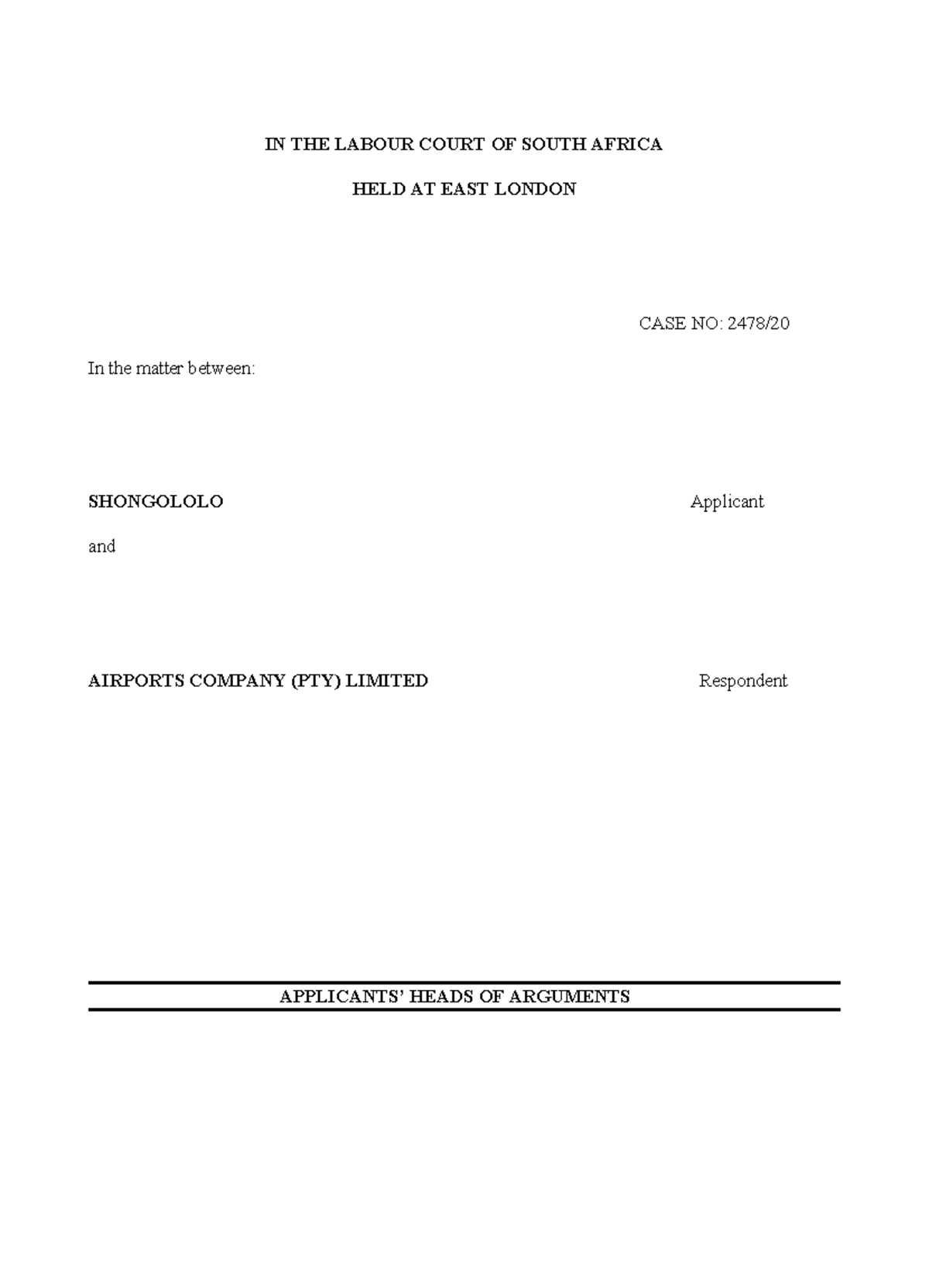Labour Court Case No. 2478/21: Shongololo v Airports Co. (Pty) Ltd ...