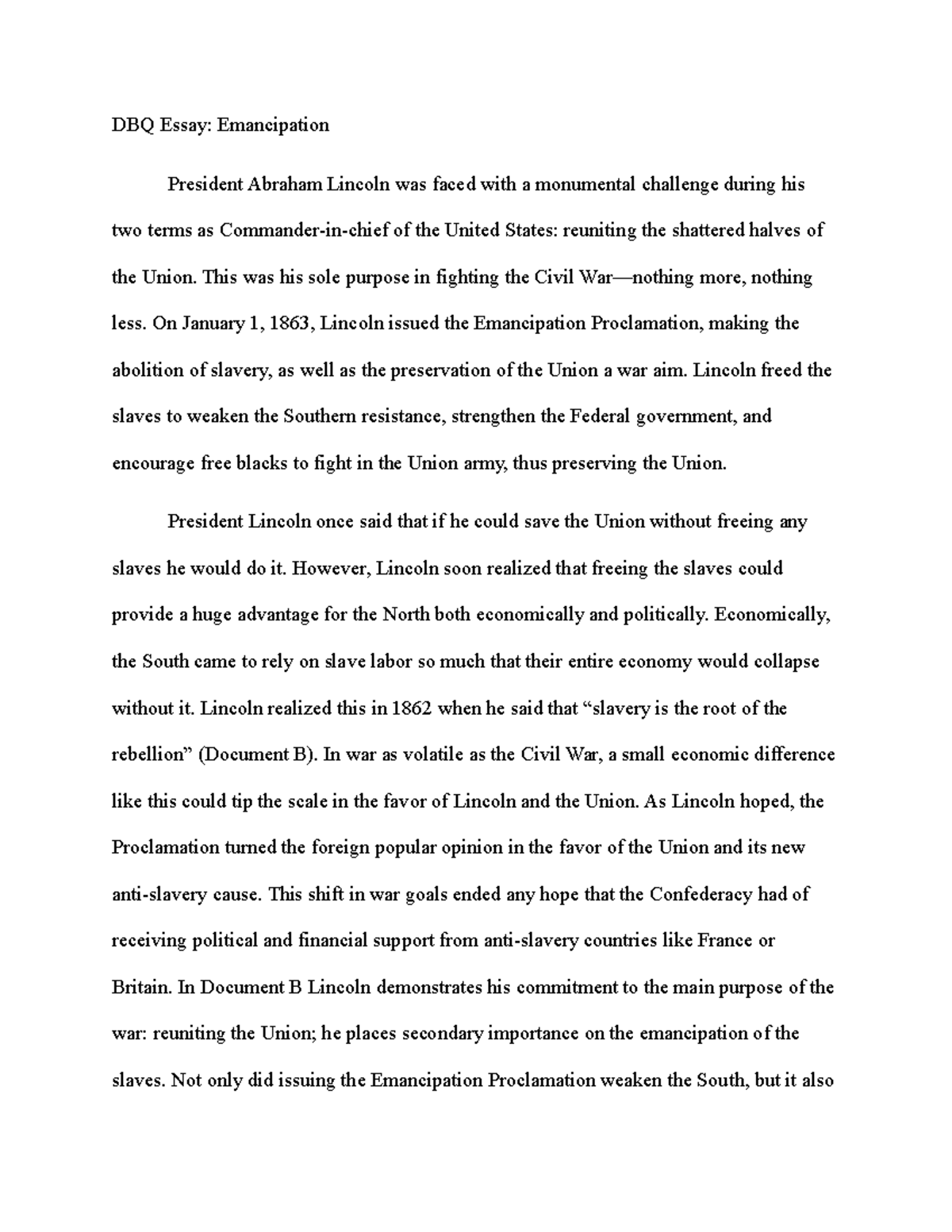 DBQ Essay Emancipation - DBQ Essay: Emancipation President Abraham ...