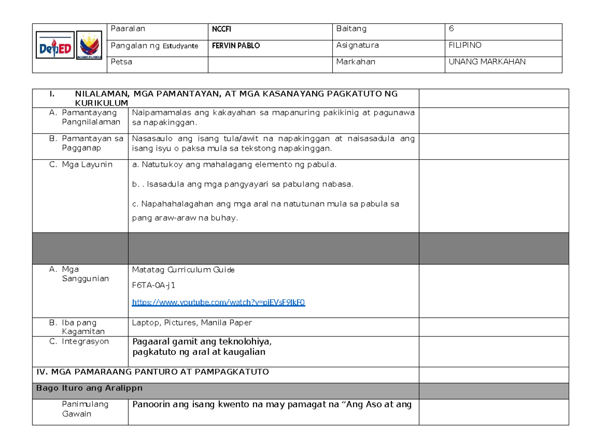 Revised Matatag-FIL6: Detailed Lesson Plan on Pabula - Studocu