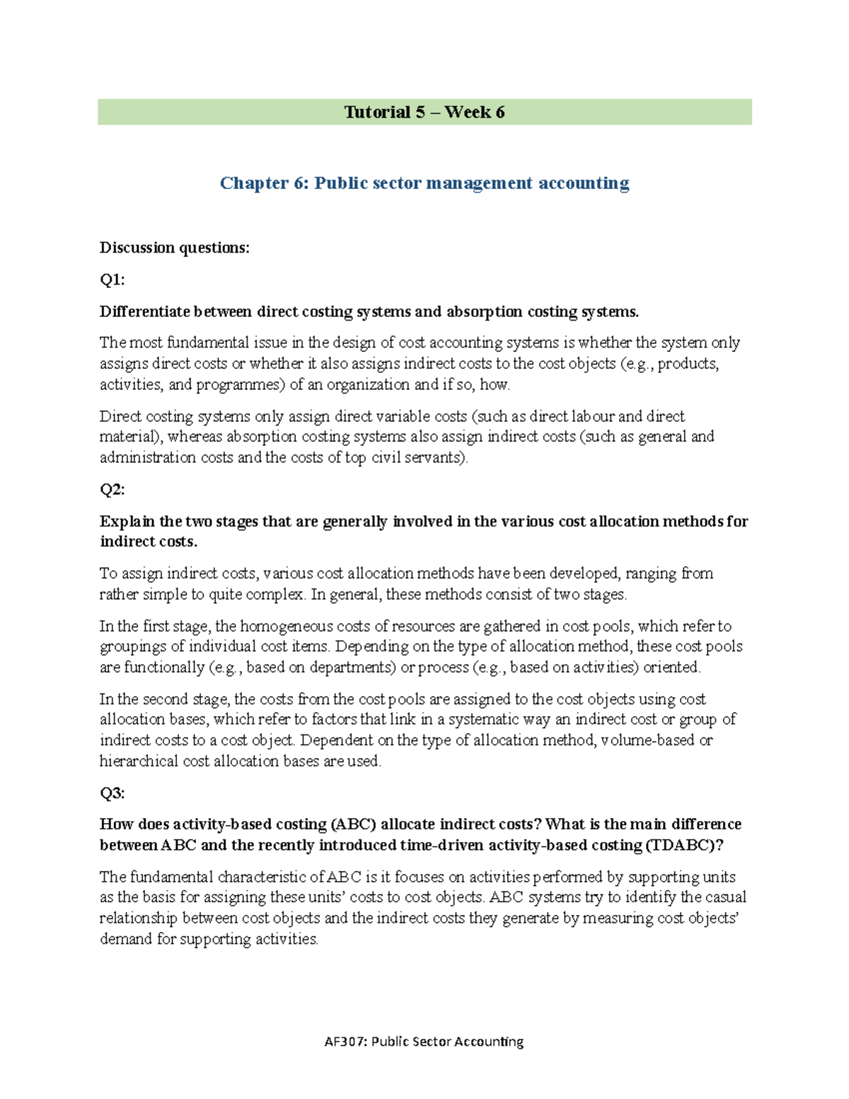 AF307 - Week 6 Tutorial 5 Solutions on Public Sector Accounting - Studocu
