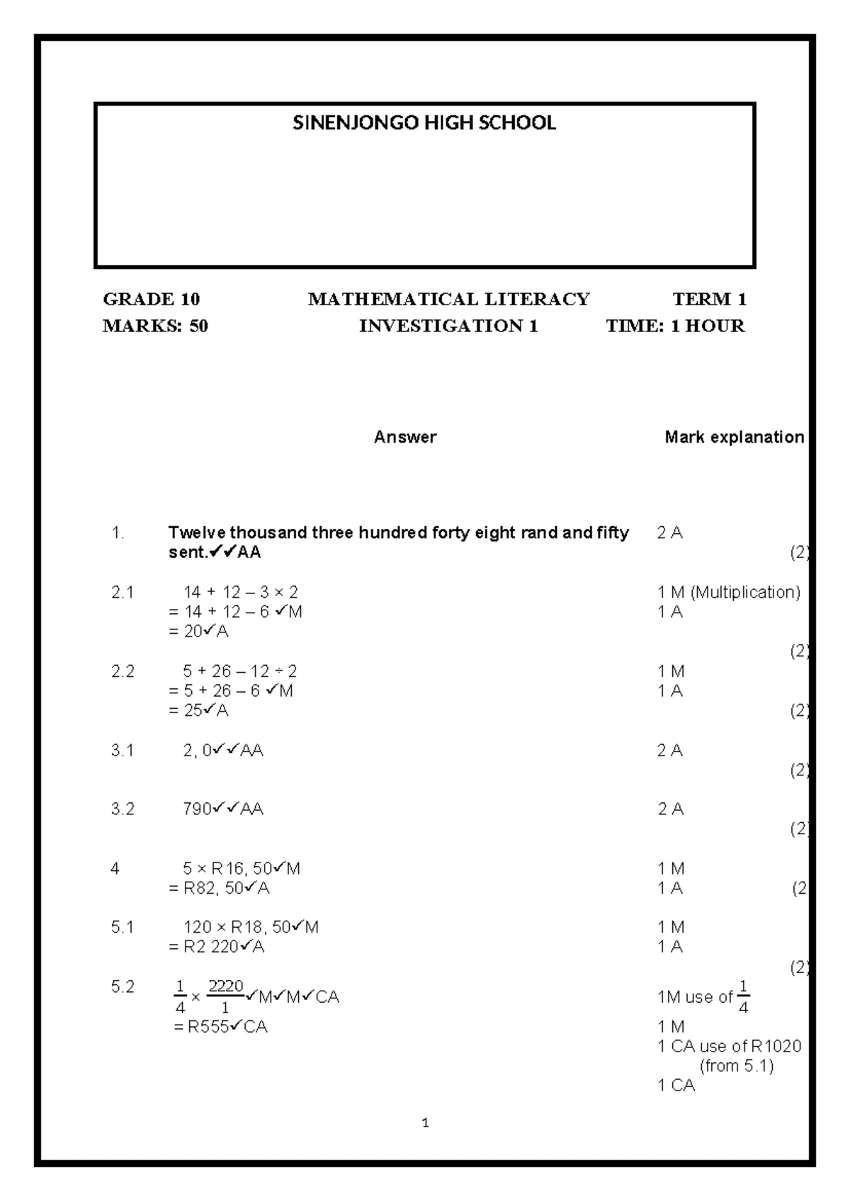 Grade 12 Mathematical Literacy Investigation 2025 MEMO - Studocu