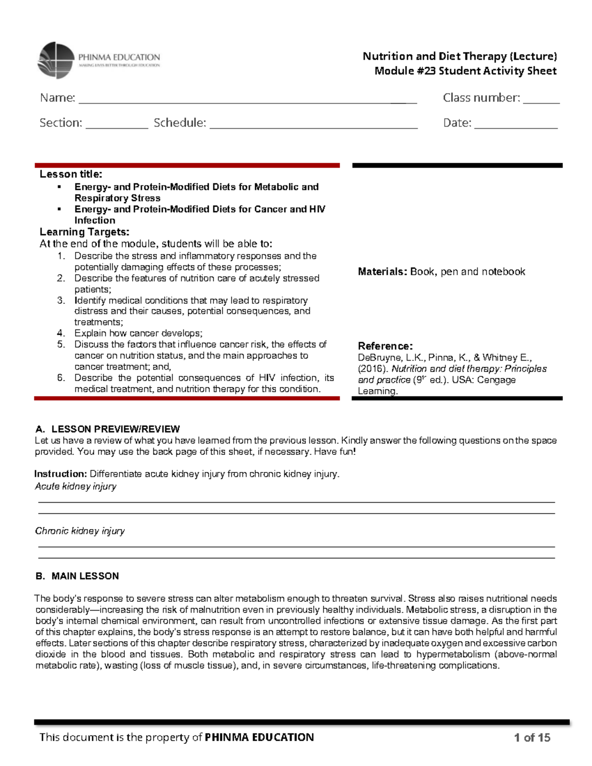 Nutrition and Diet Therapy (Lecture) Module: Stress, Cancer, and HIV ...