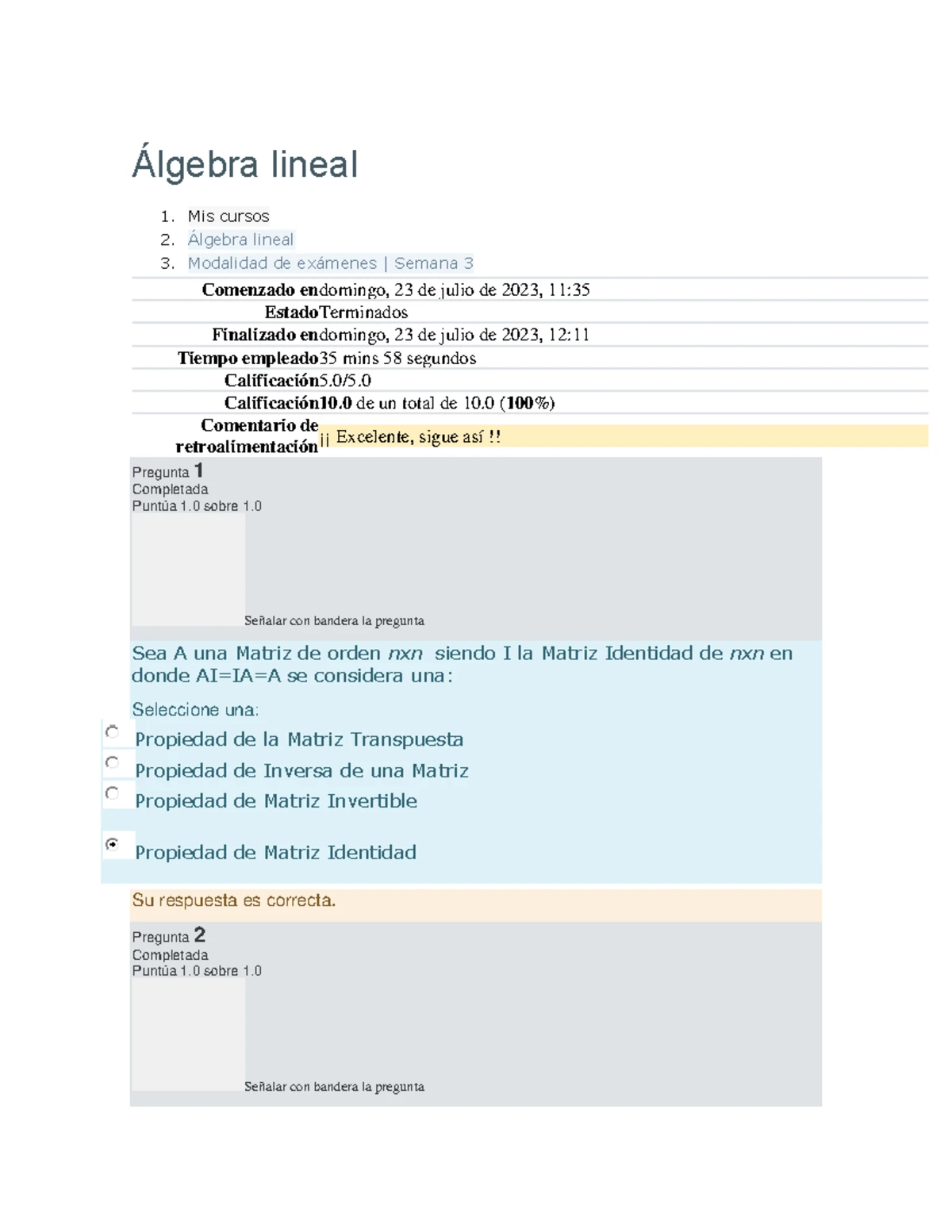 Modalidad de exámenes Semana 5 Revisión del intento - Álgebra lineal Pregunta 1 Completada ...