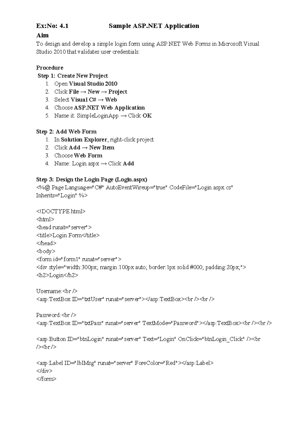 Ex No 4: Sample ASP.NET Application - Simple Login Form Design - Studocu