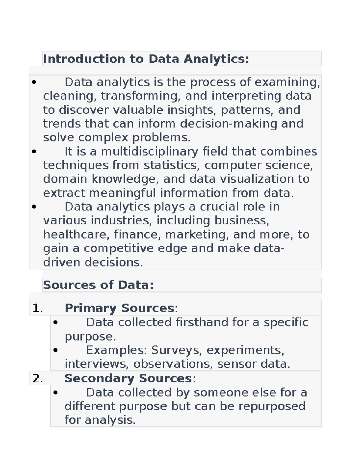 Unit 1: Intro to Data Analytics - Examining Data Sources & Types - Studocu