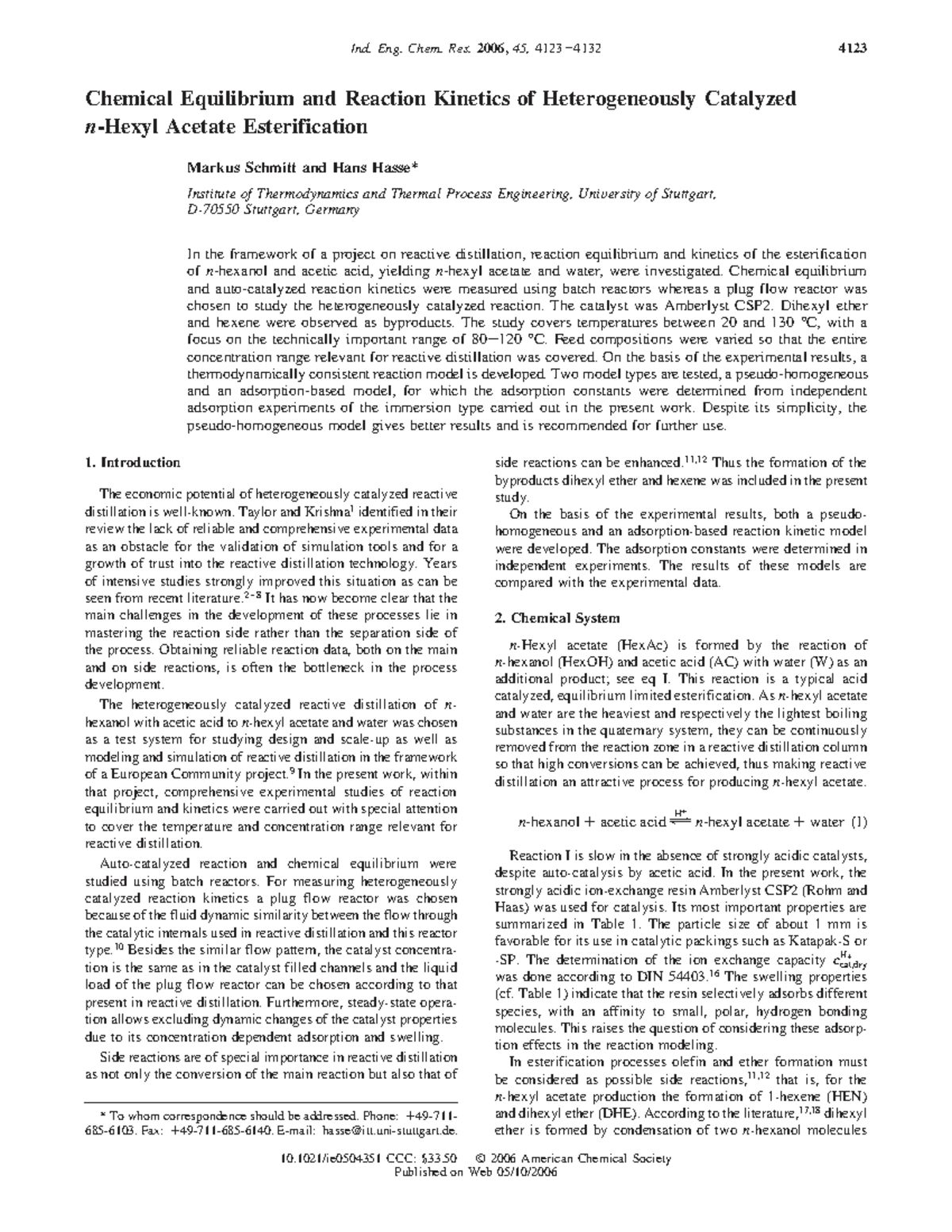 Ind. Eng. Chem. Res. 2006, 45, 4123: Kinetics & Equilibrium in Heterogeneous - Studocu