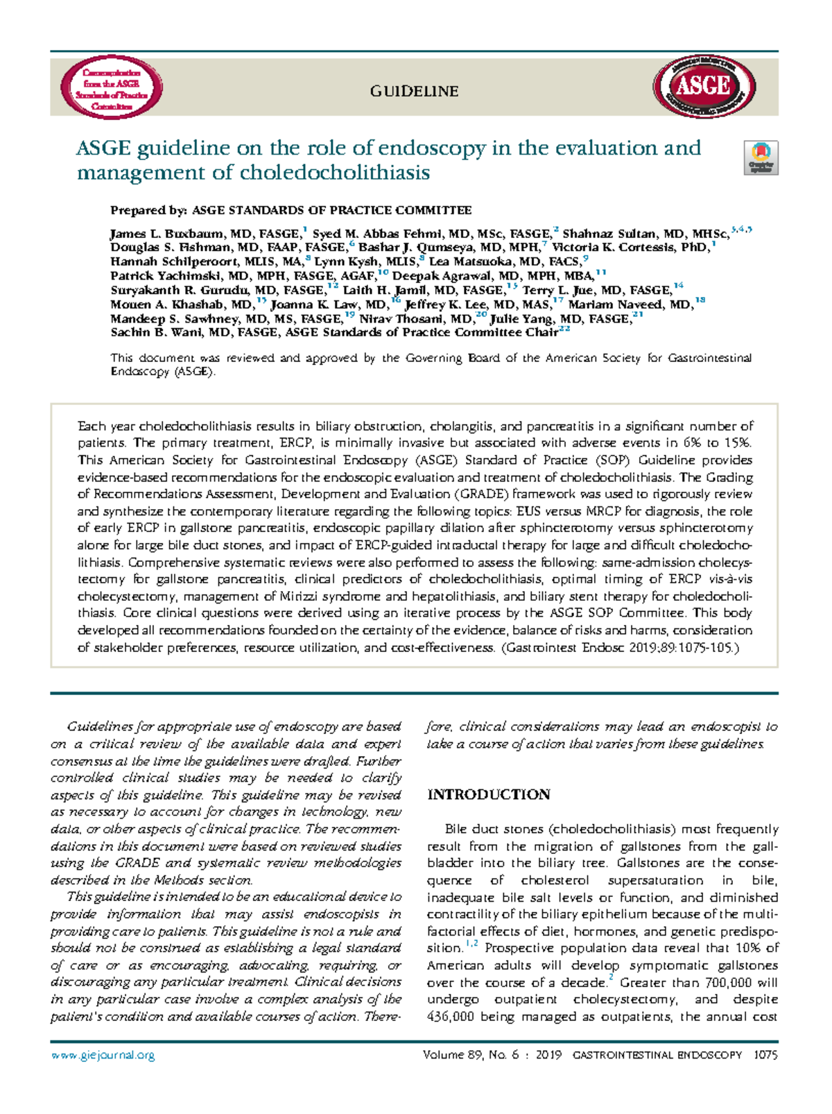 ASGE Guidelines on Endoscopic Management of Choledocholithiasis - Studocu