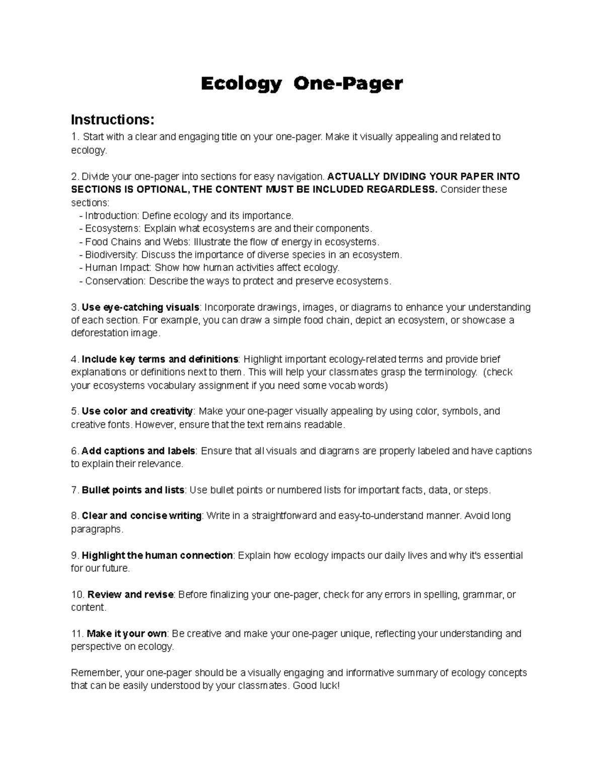 Ecology One-Pager - Ecology One-Pager Instructions: 1. Start with a ...