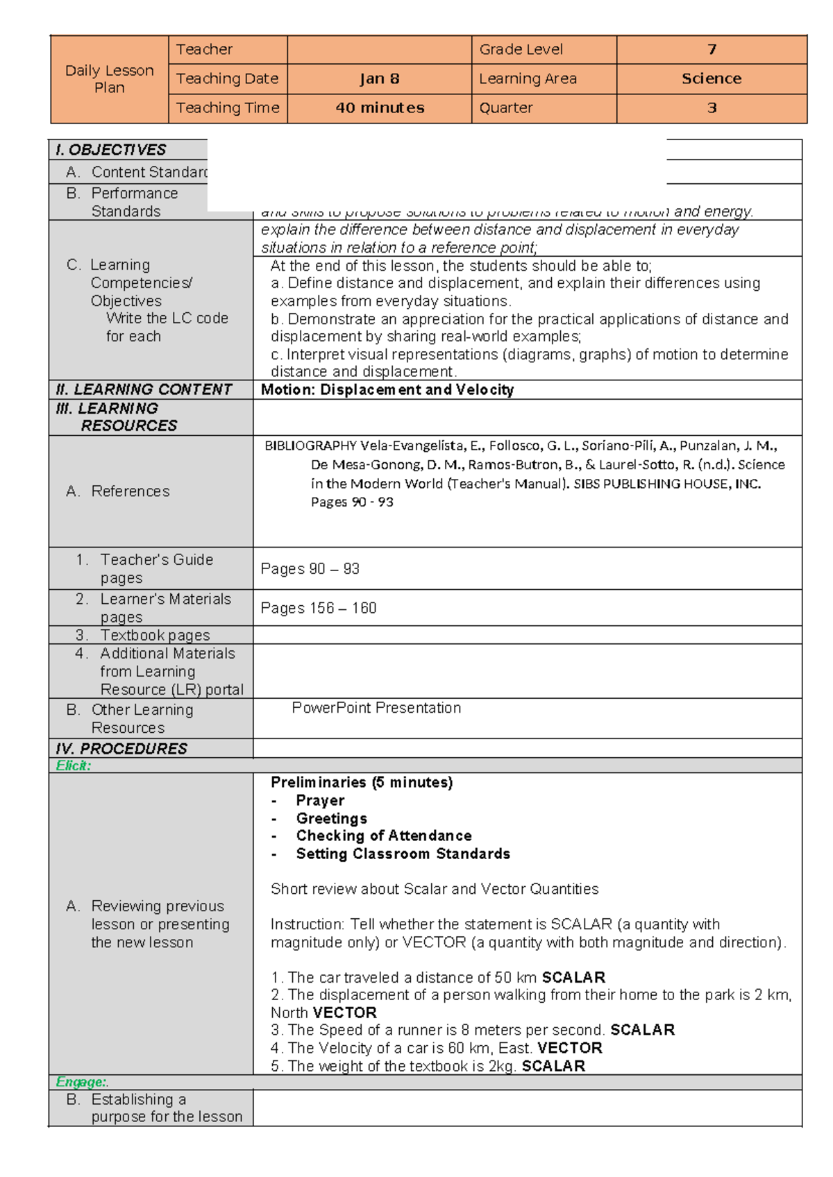 Grade 7 Science Lesson Plan: Distance vs. Displacement - 3rd Quarter ...