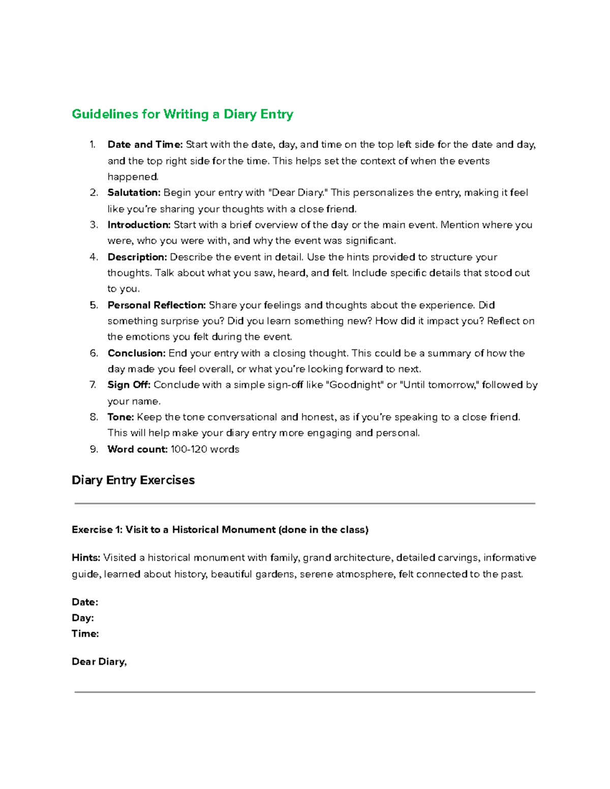Diary Entry - Guidelines for Writing a Diary Entry Date and Time: Start ...