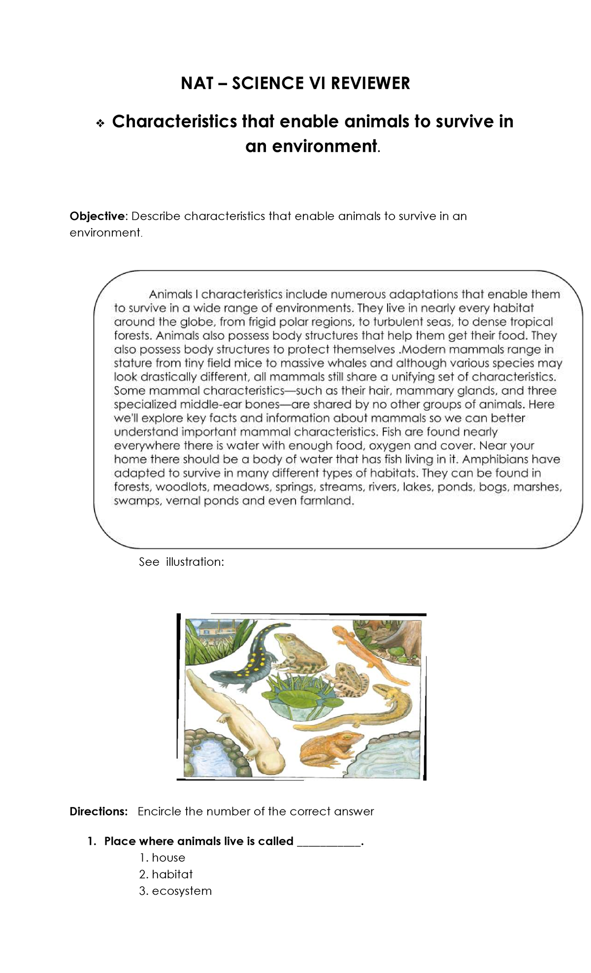 NAT SCIENCE VI REVIEWER: Animal Survival, Ecosystems, and Circulatory ...