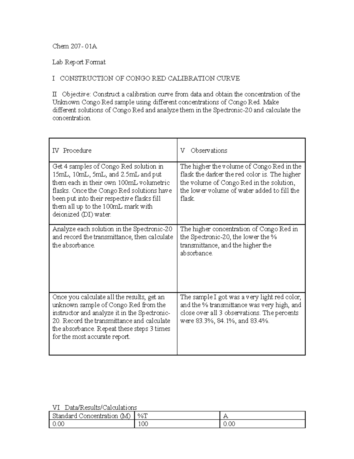 CHEM 207 Lab Report: Calibration Curve for Congo Red Solutions - Studocu