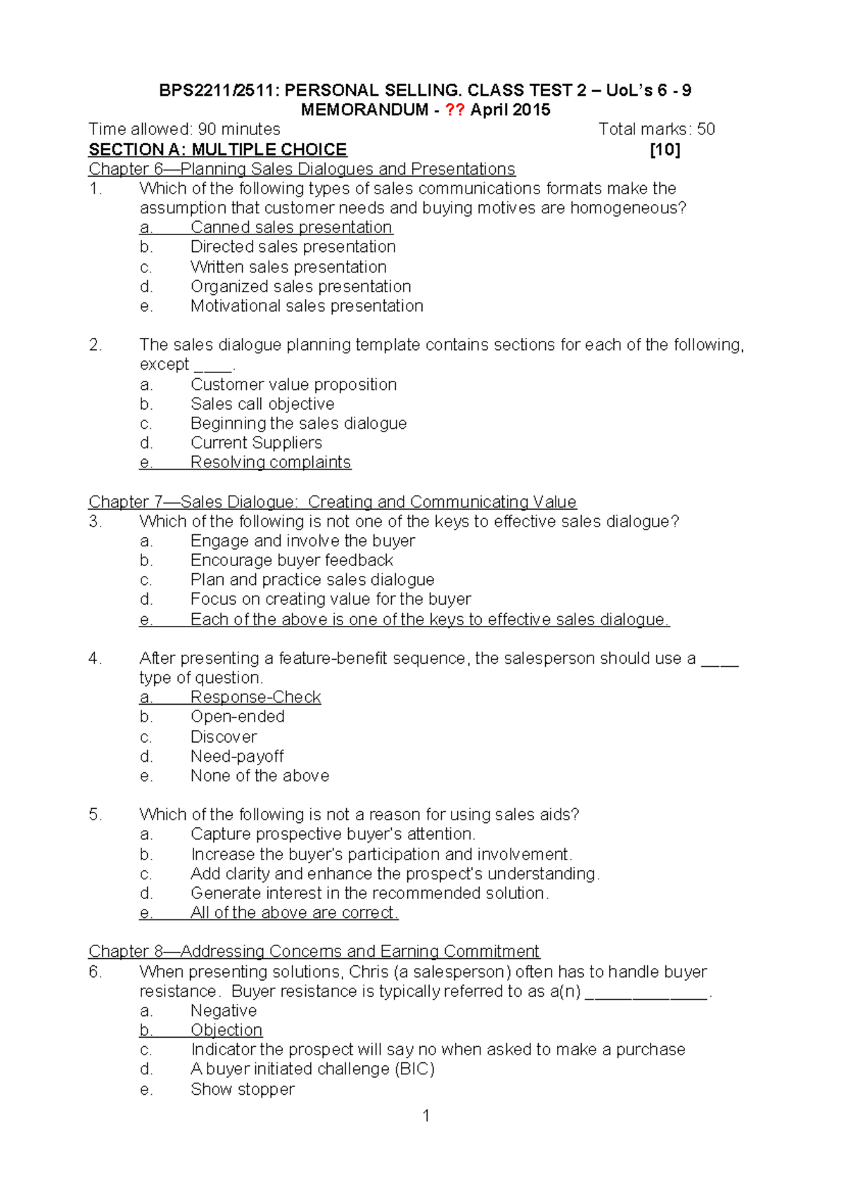 Personal Selling Class Test 2 Memorandum - April 2015 - Studocu