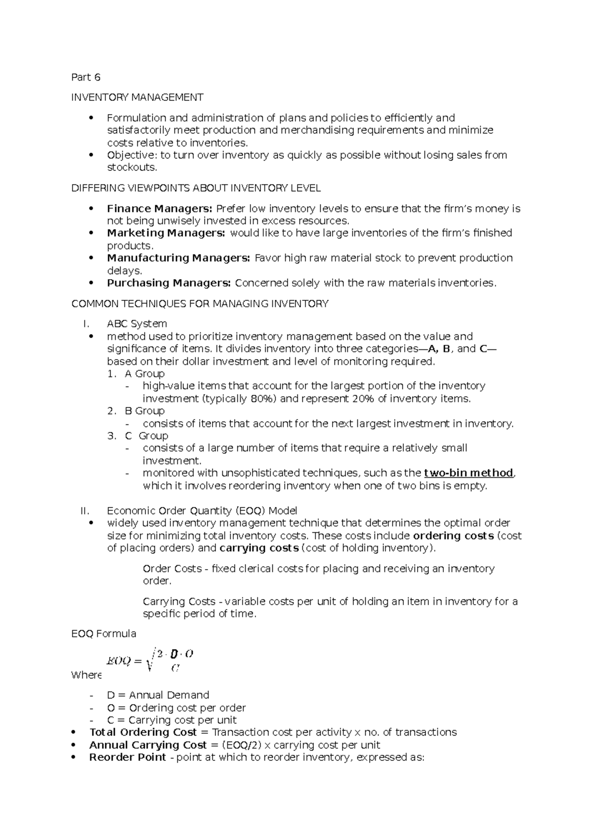 Part 6 - inventory management - Part 6 INVENTORY MANAGEMENT Formulation ...
