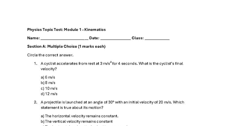 Physics Topic Test - Kinematics Module 1 (HARD) - Studocu