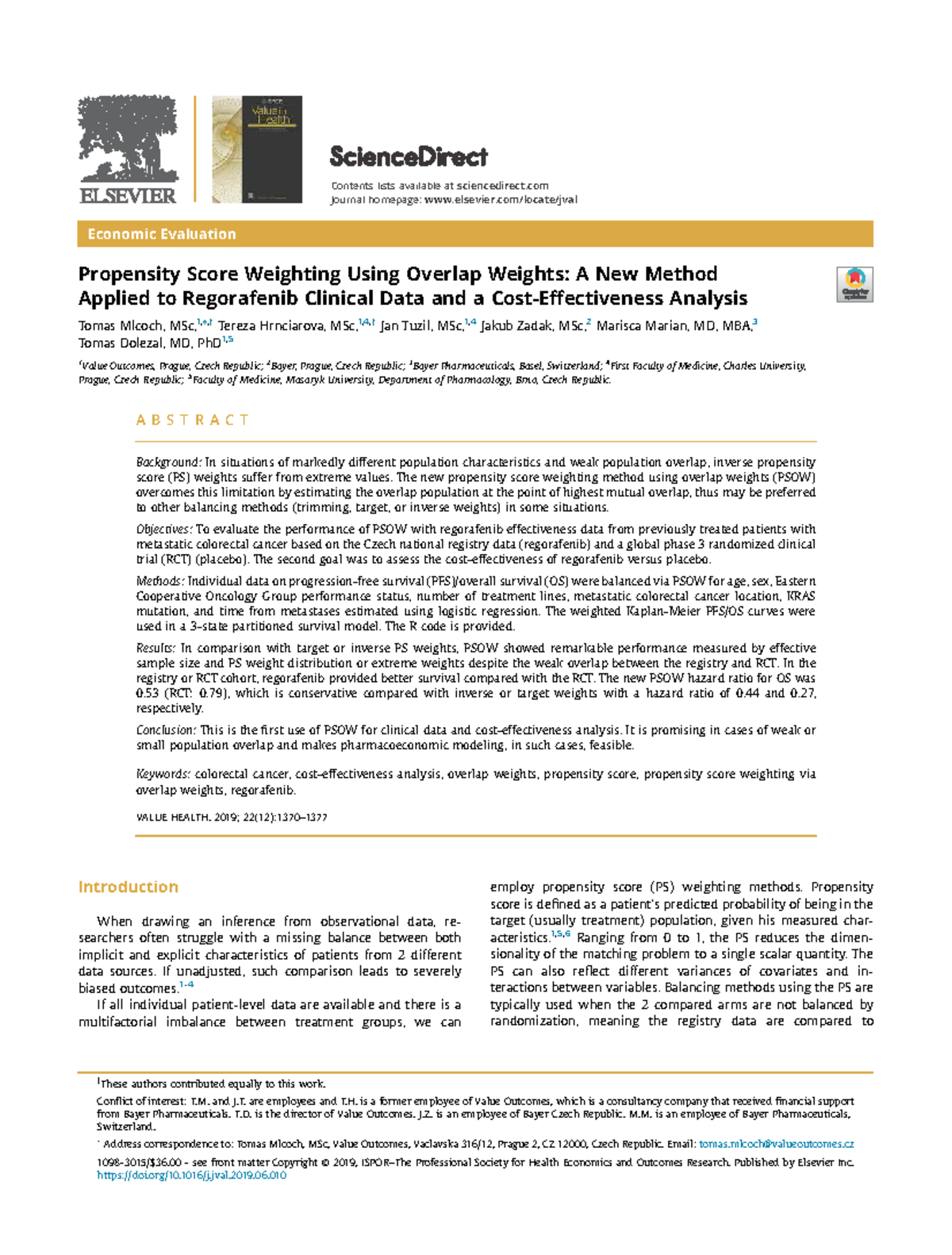 Economic Evaluation of Regorafenib: Propensity Score Weighting with ...