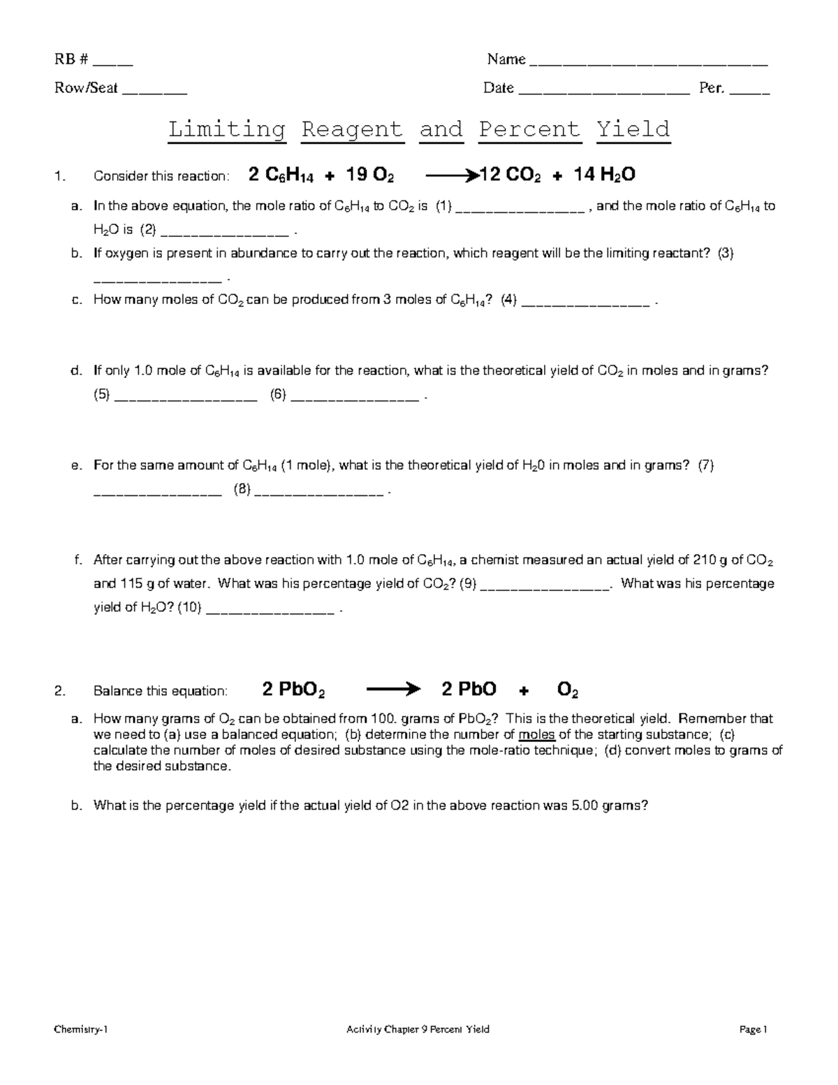 RB 101 Limiting Reagent & Percent Yield Practice Exercises - Studocu