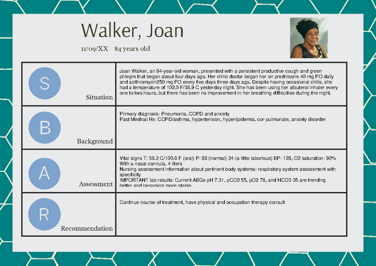 Pneumonia SBAR Report Template for Patient Walker, Joan (84 y/o) - Studocu