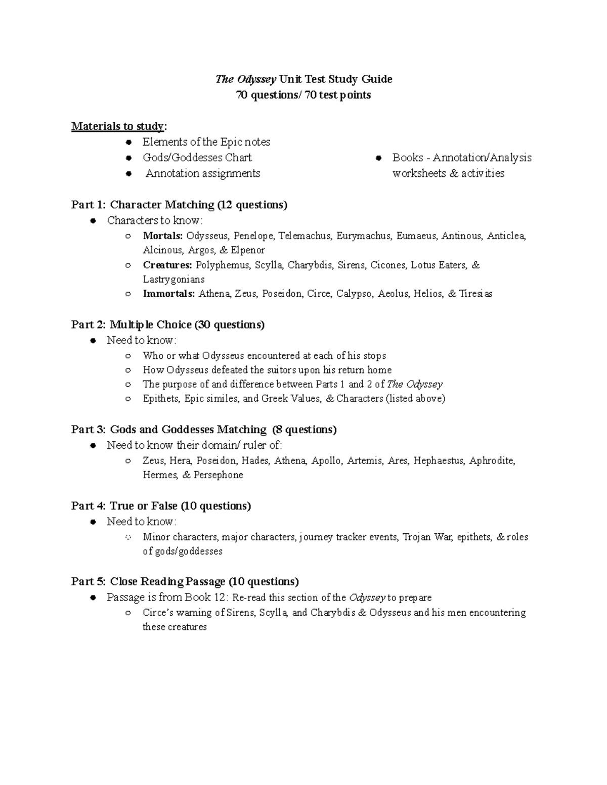 The Odyssey Unit Test Study Guide (70 Questions for Exam Prep) - Studocu