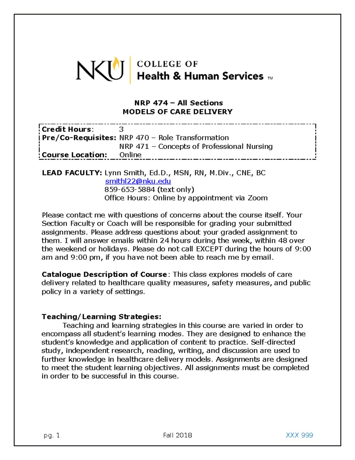 NRP 474 LSmith All Spring 2021 Syllabus - NRP 474 – All Sections MODELS OF CARE DELIVERY Credit ...