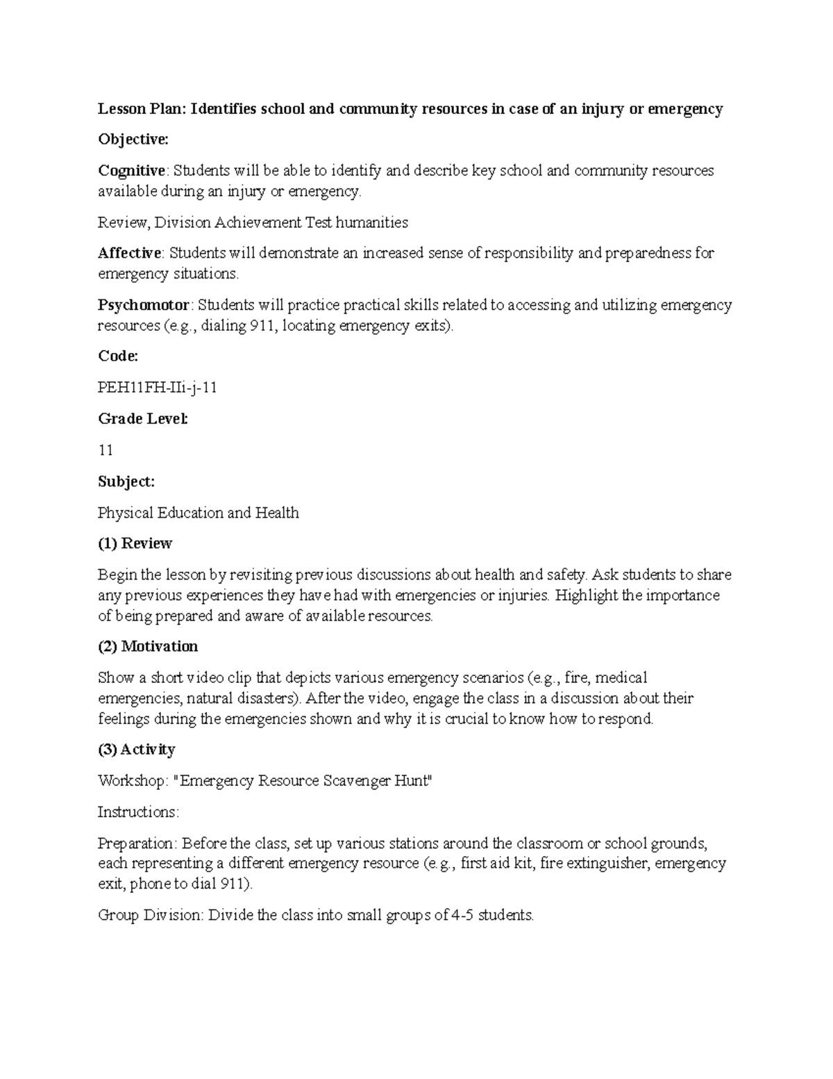 PEH 11 Lesson Plan: Emergency Resource Awareness & Preparedness ...