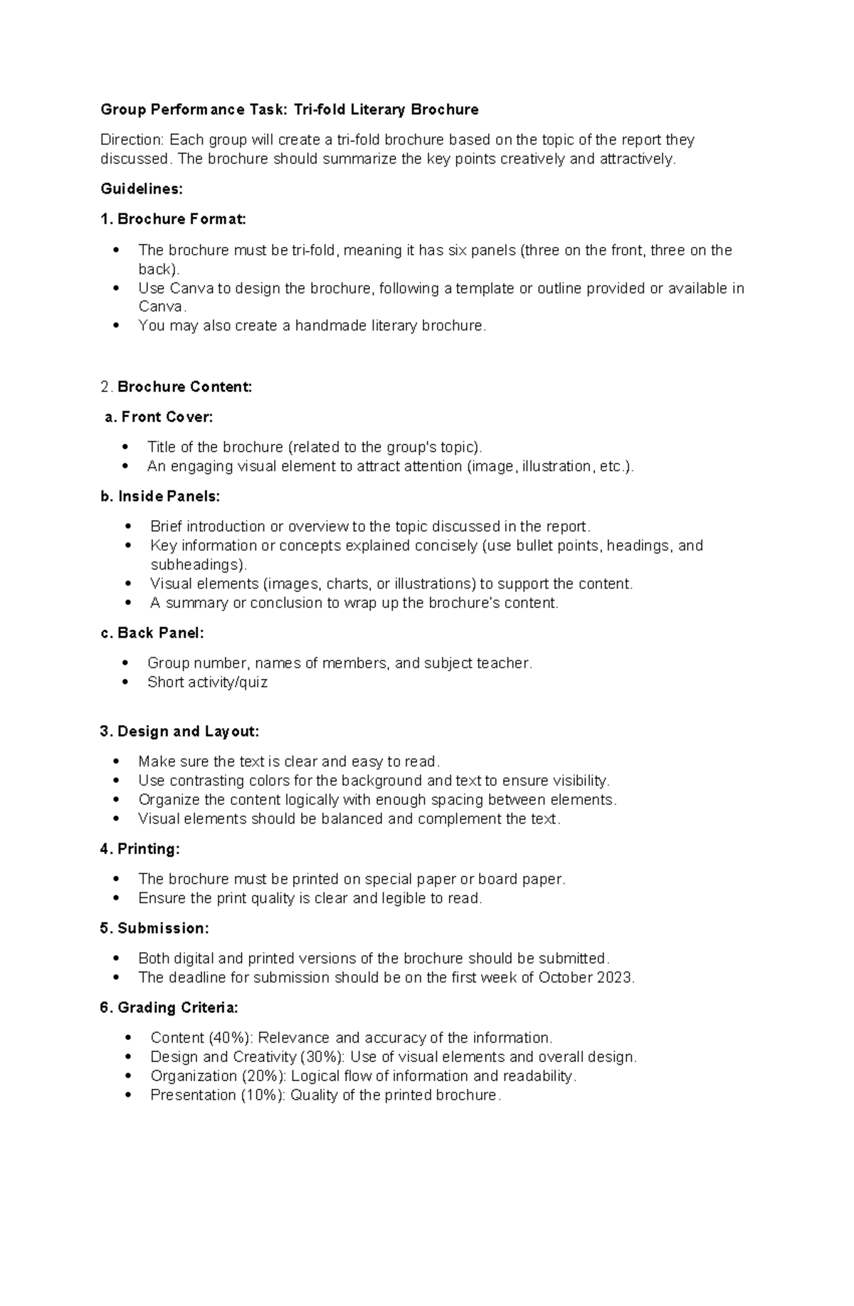 ENG 101: Tri-fold Literary Brochure Guidelines for Group Project - Studocu