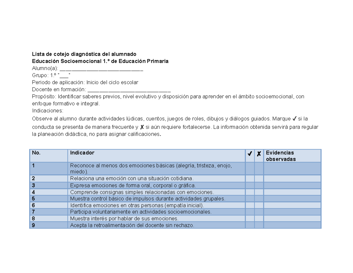 Lista de Cotejo Diagnóstica 1.º Educación Socioemocional - Studocu