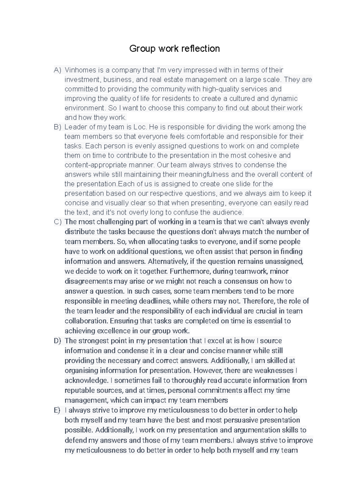 Untitled-document - Group work reflection A) Vinhomes is a company that ...