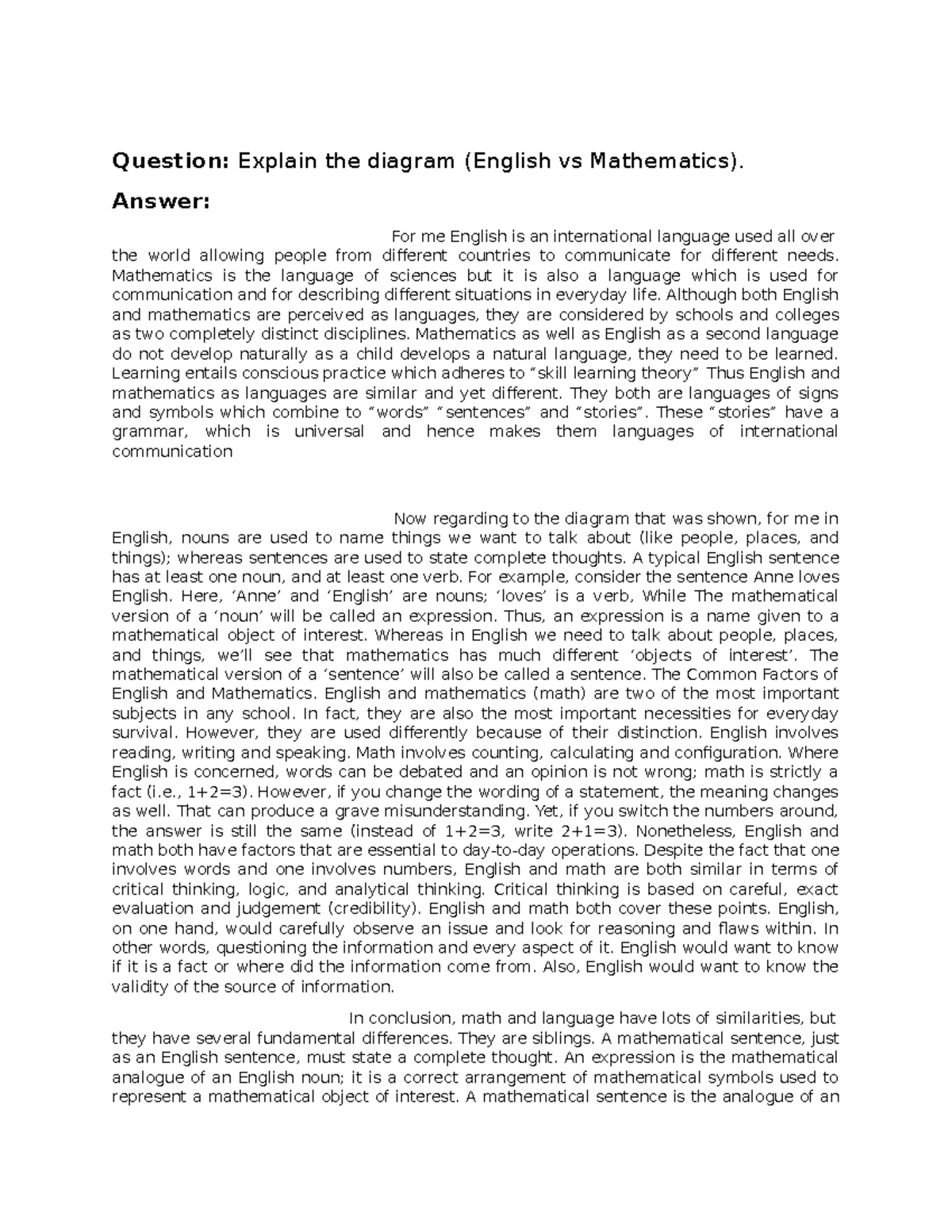 Mathematics of Modern World - Question: Explain the diagram (English vs ...