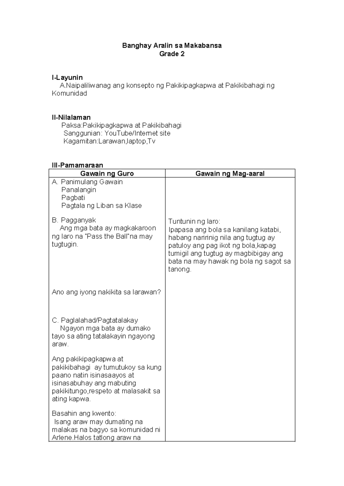 Banghay Aralin sa Makabansa Grade 2: Pakikipagkapwa at Pakikibahagi ...