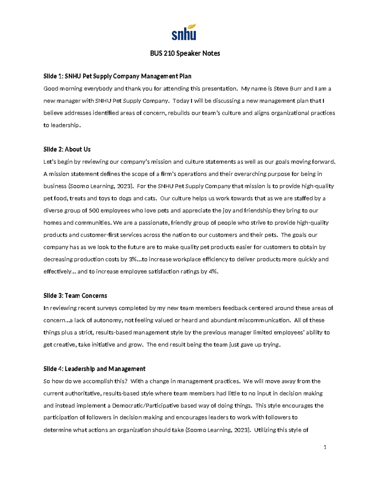 BUS 210 Module 7 Assignment - Speaker Notes on Management Plans - Studocu