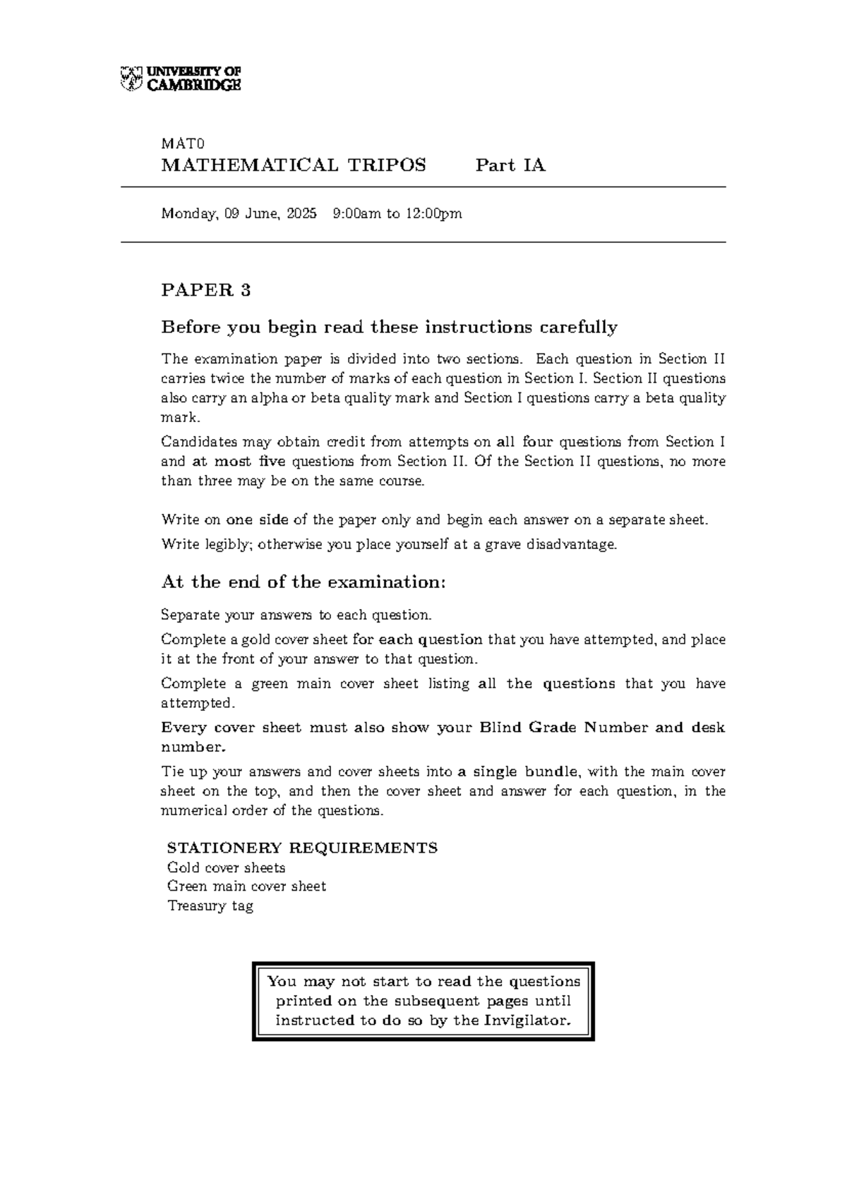 MAT0 Final Exam Paper 3 - Mathematical Tripos Part IA 2025 - Studocu