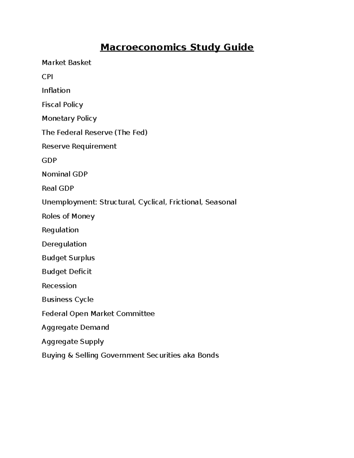 Macroeconomics Study Guide: Key Concepts and Terms Overview ...