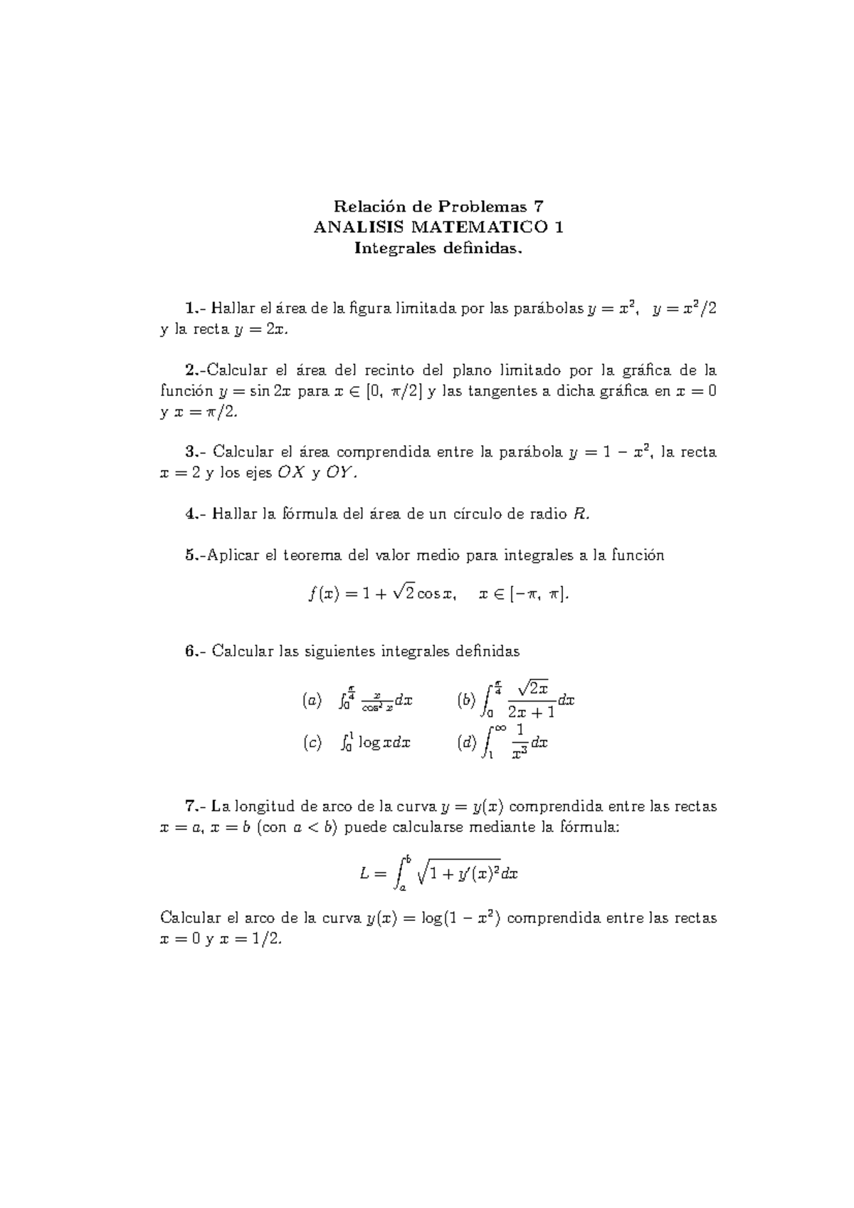 Integrales Definidas y Análisis Matemático 1 - Problemas y Soluciones ...