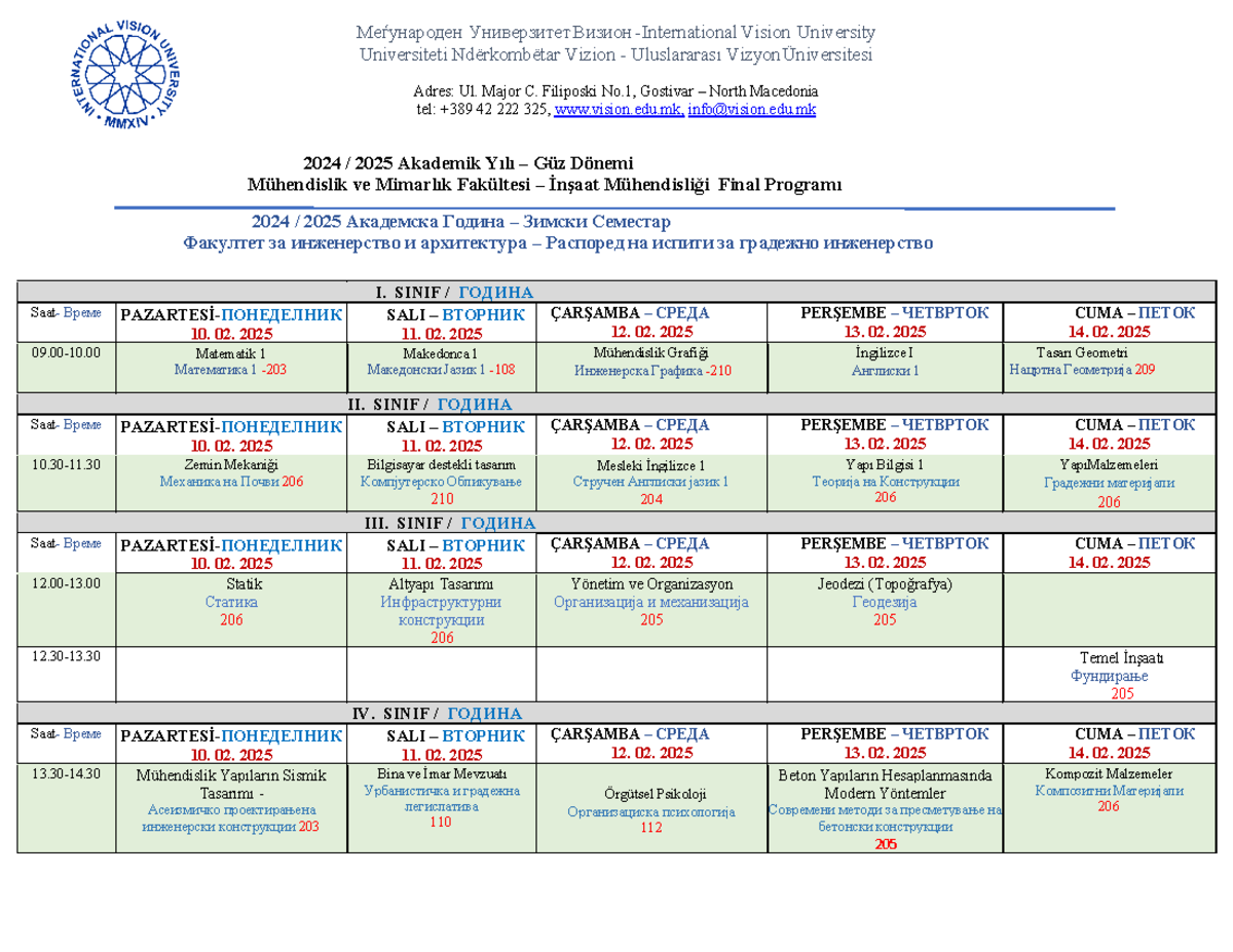 IN - Final Exam Schedule for Civil Engineering 2024-2025 - Studocu