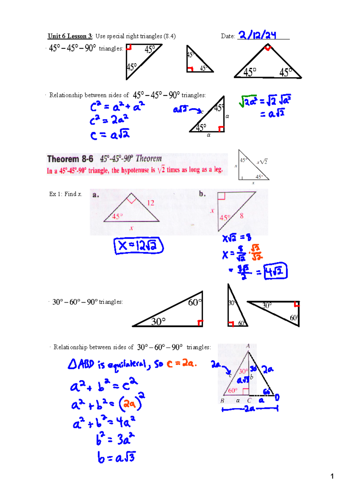 Unit 6 Lesson 3: Analyzing Special Right Triangles (Math 8.4) - 1 ...