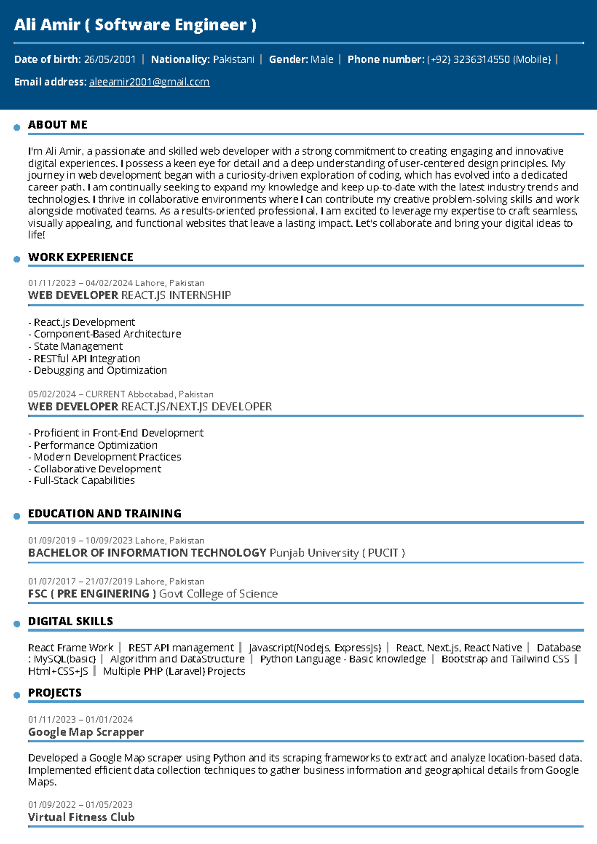 Resume - Ali - I want this file for my project - Ali Amir ( Software Engineer ) Date of birth ...