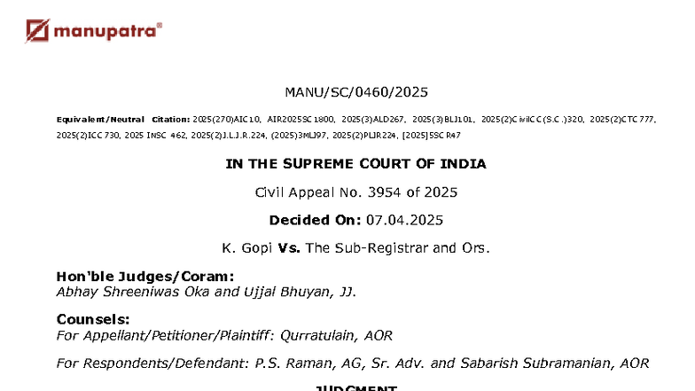 K Gopi vs The Sub Registrar and Ors 07042025 manupatra - MANU/SC/0460 ...