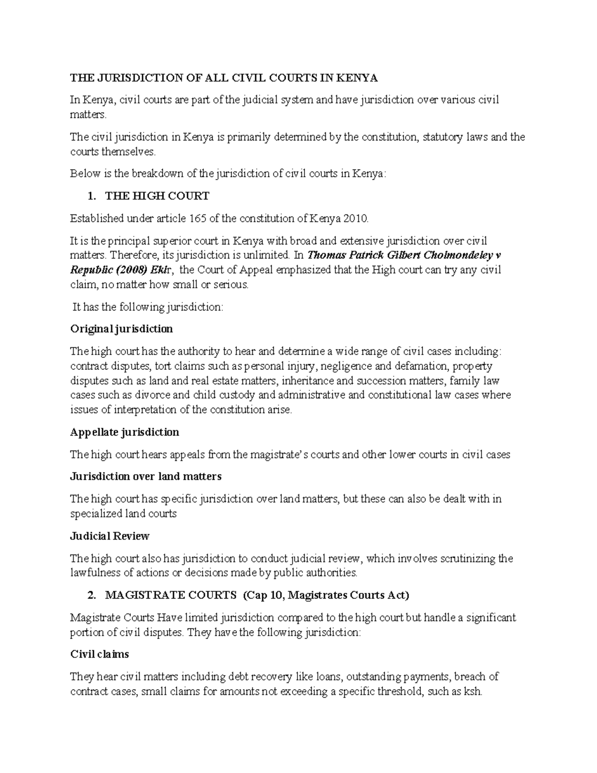 Civil litigation in Kenya: jurisdiction of civil courts - Studocu