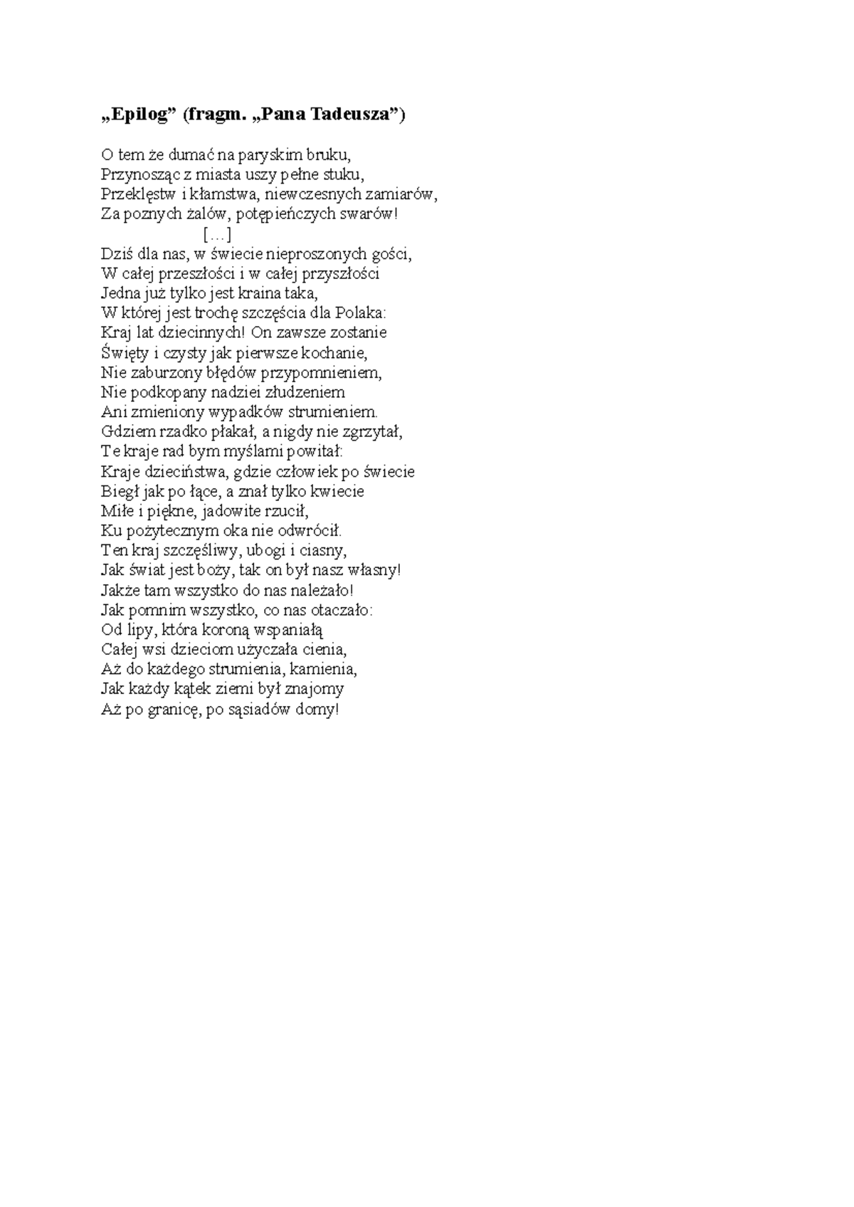Epilog - Fragment wiersza o dzieciństwie i kraju lat dziecinnych - Studocu
