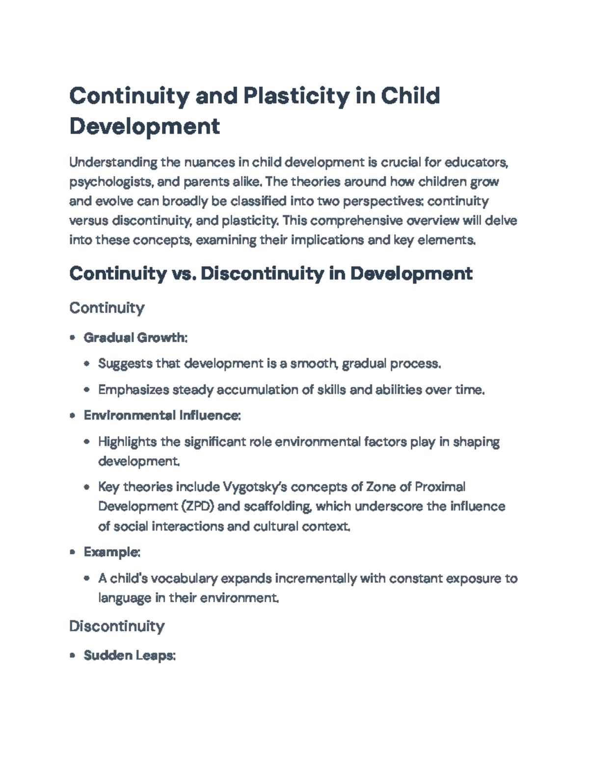 Continuity, Discontinuity, and Plasticity in Child Development ...