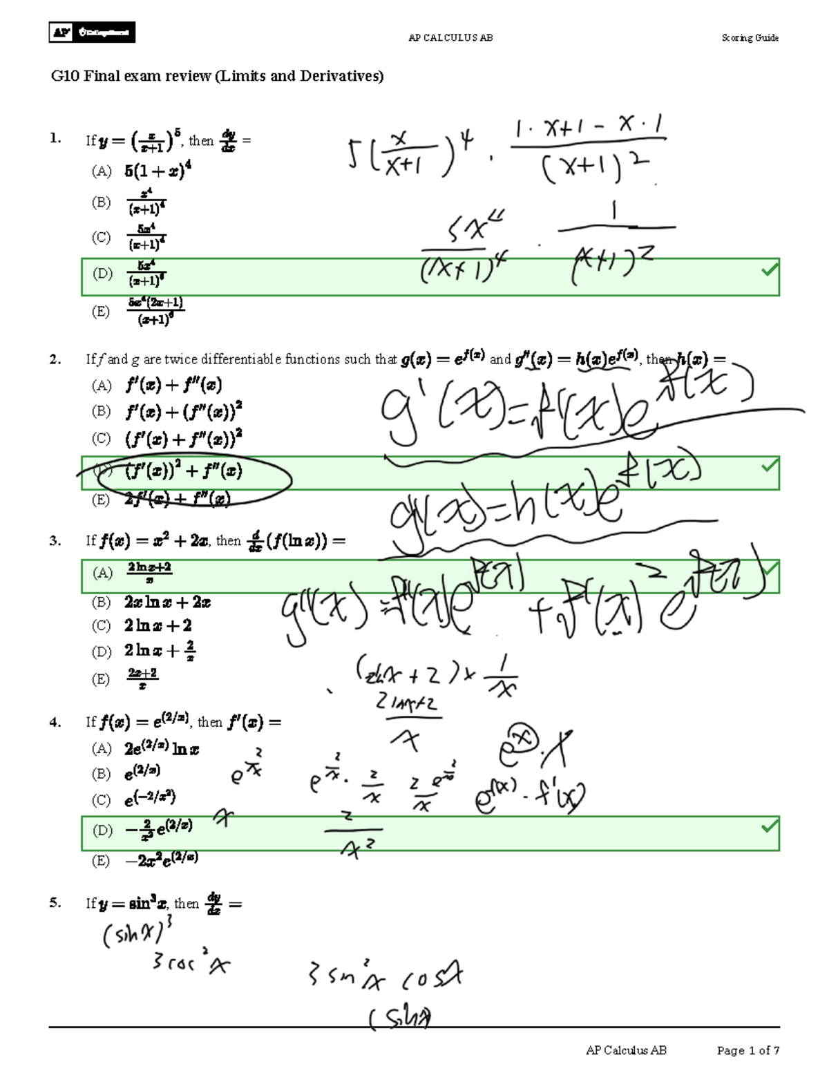 AP CALCULUS AB G10 Final Exam Review Answers (Limits & Derivatives ...