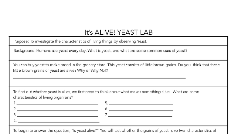 Yeast Lab Worksheet - Investigating Living Characteristics - Studocu
