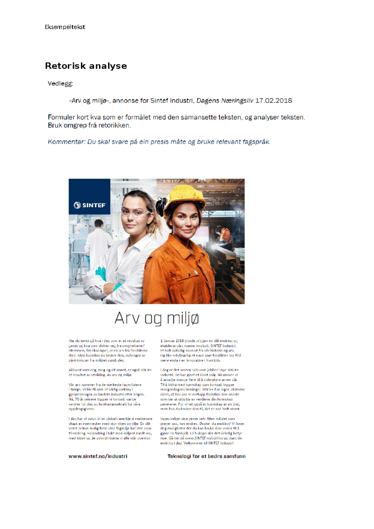 Retorisk Analyse av "Arv og miljø" – SINTEF Industri Case Study - Studocu