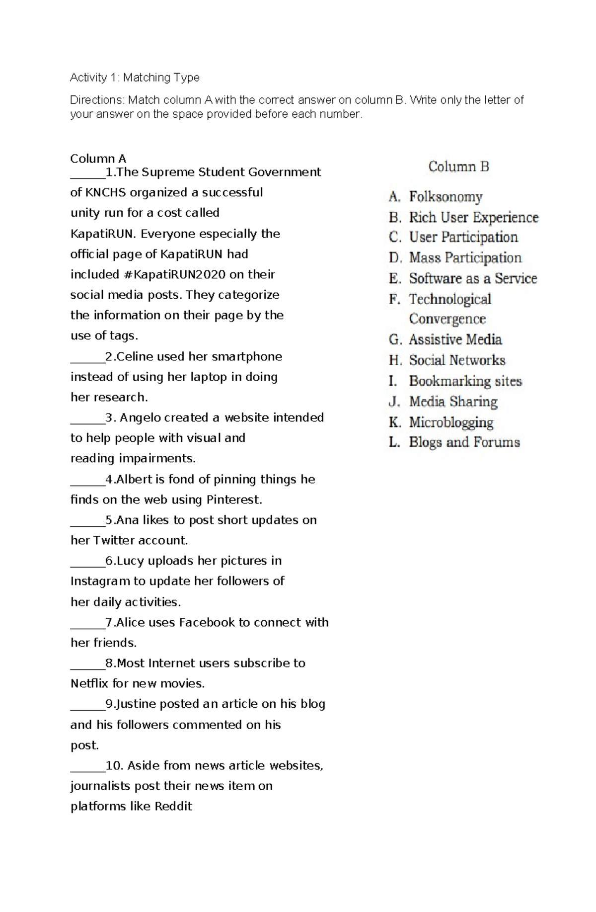 MODULE IN EMPOWERMENT TECHNOLOGY - Activity 1: Matching Type Directions ...