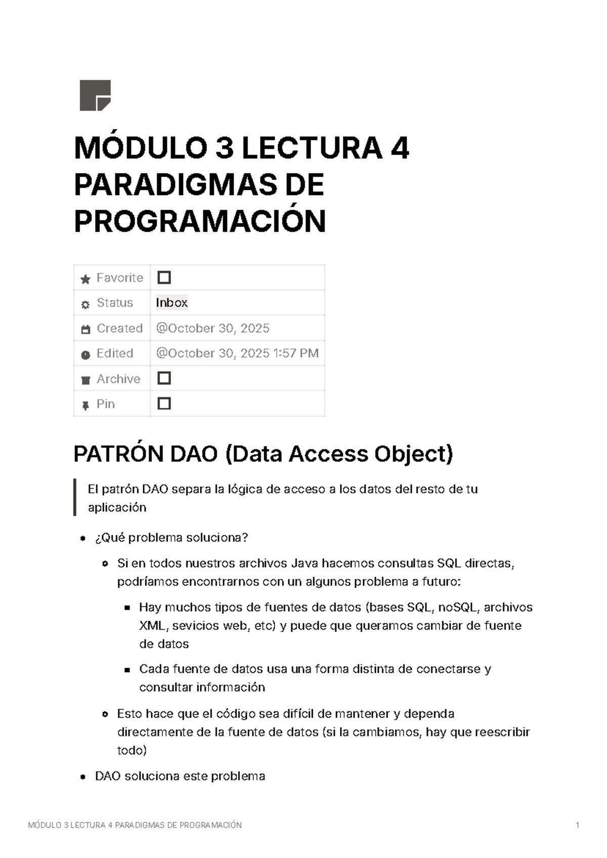 MÓDULO 3 LECTURA 4: PARADIGMAS DE PROGRAMACIÓN Y PATRÓN DAO - Studocu