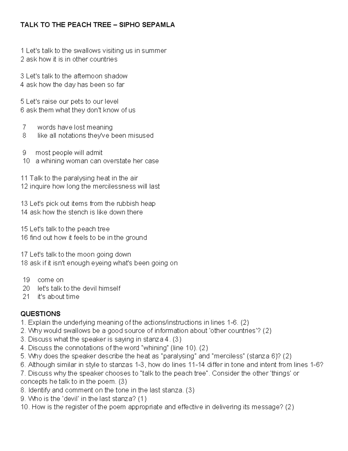 TALK TO THE PEACH TREE - GRADE 12 POEM ANALYSIS NOTES - Studocu