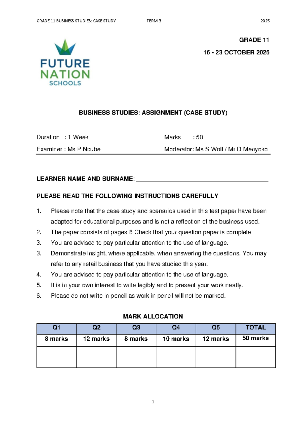 Grade 11 Business Studies: Case Study Assignment T3 2025 - Studocu