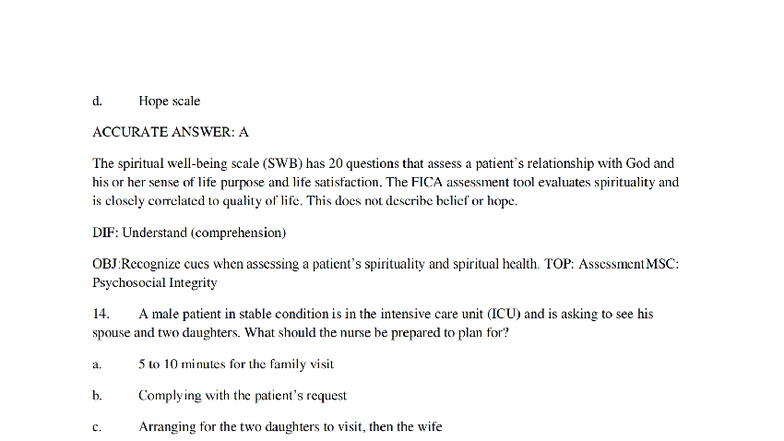 Test Bank for Fundamentals of Nursing (20250718112734): Hope Scale ...